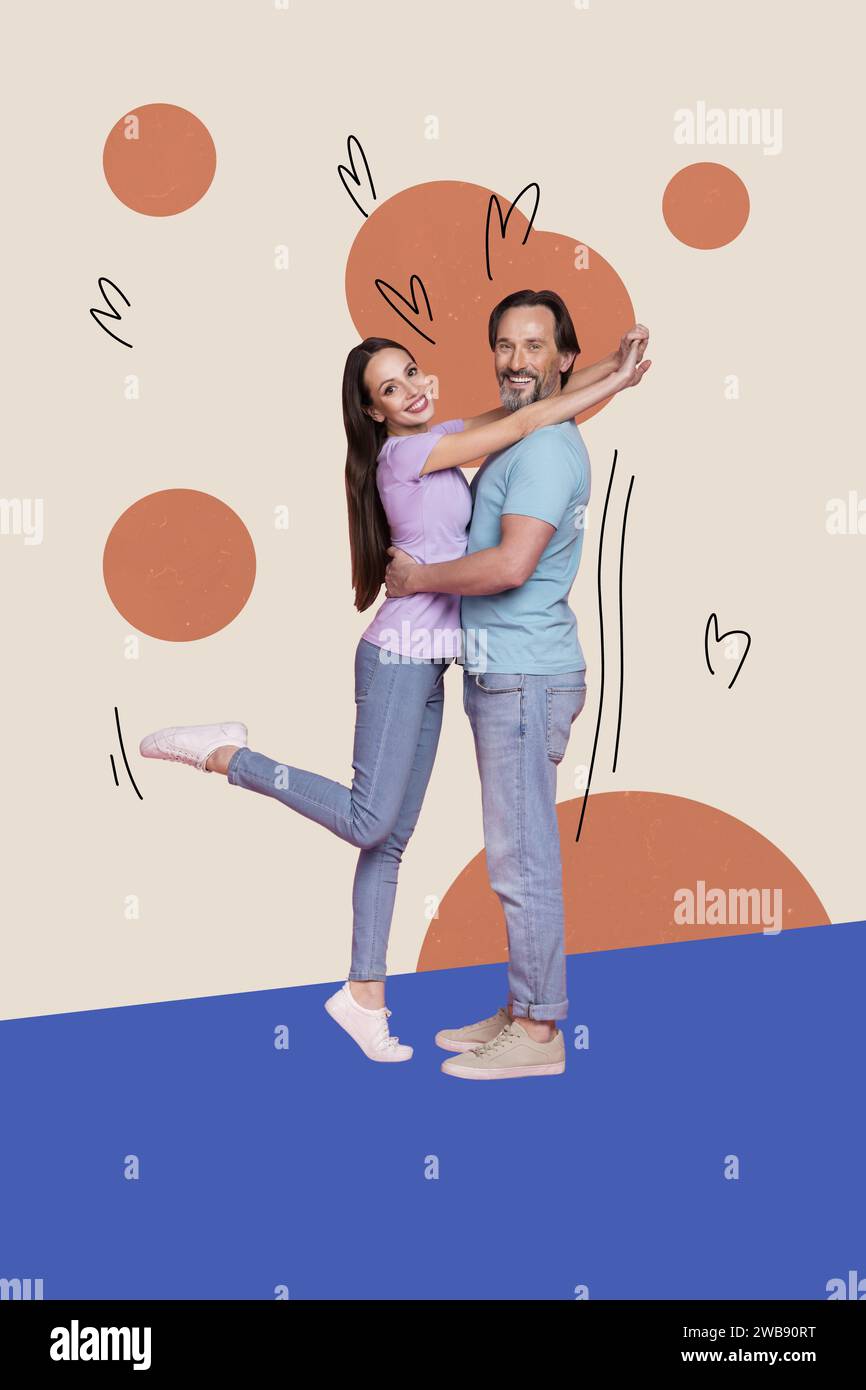 Vertical photo collage of happy smiley beautiful lovers couple hug ...