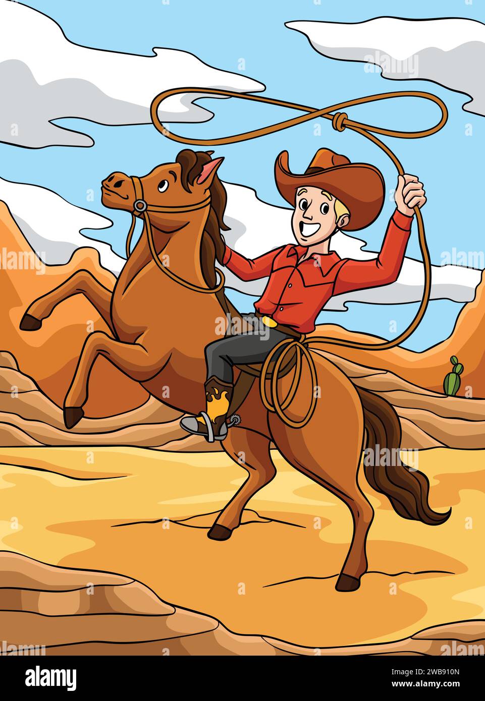Cowboy Throwing a Lasso on a Horse Colored Cartoon Stock Vector Image ...