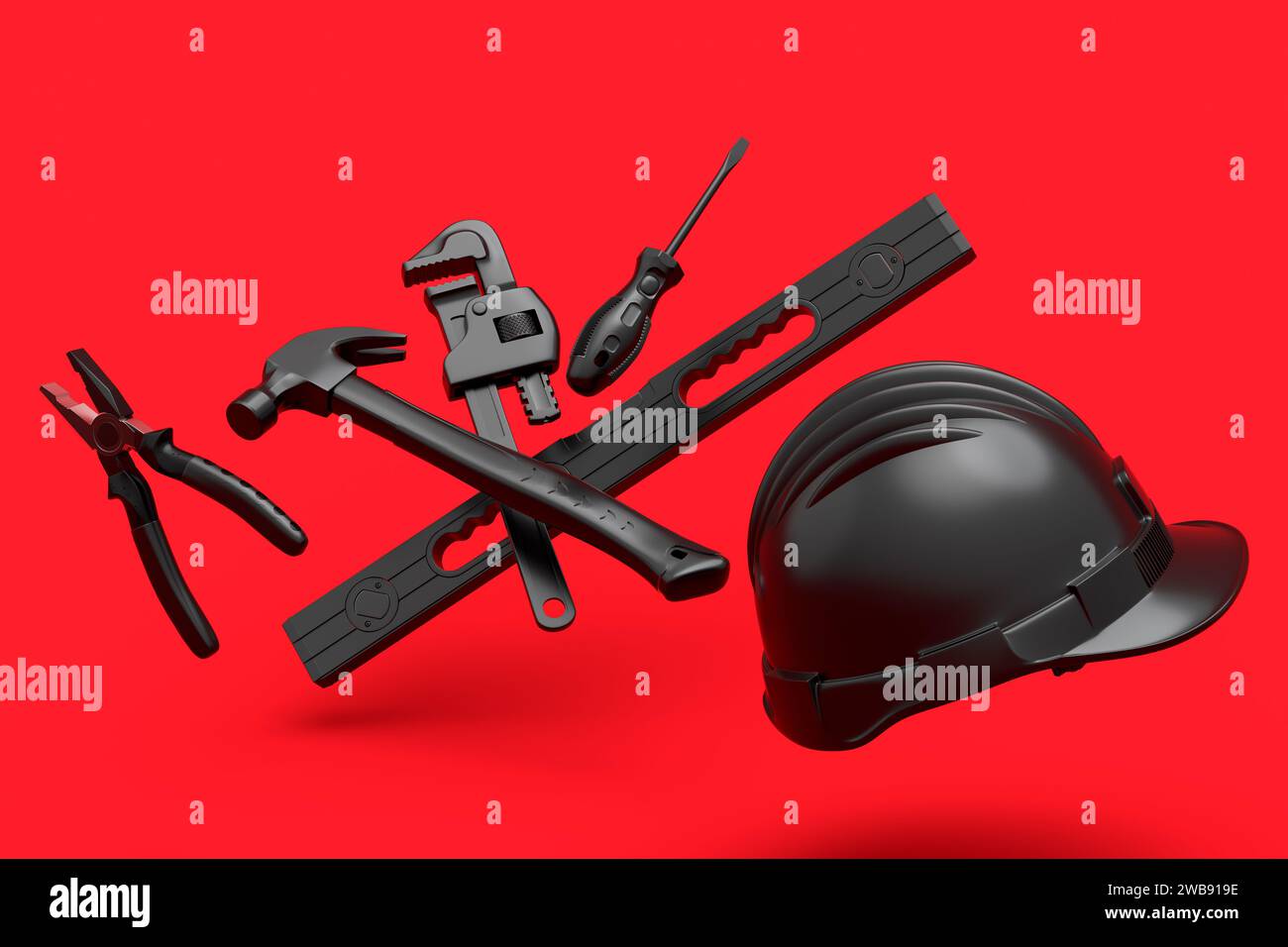 Flying view of monochrome construction tools for repair and ...