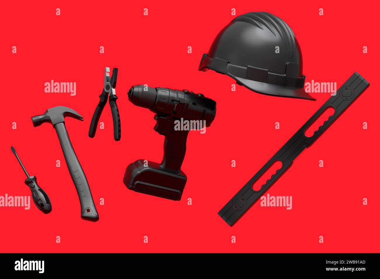 Flying view of monochrome construction tools for repair and ...