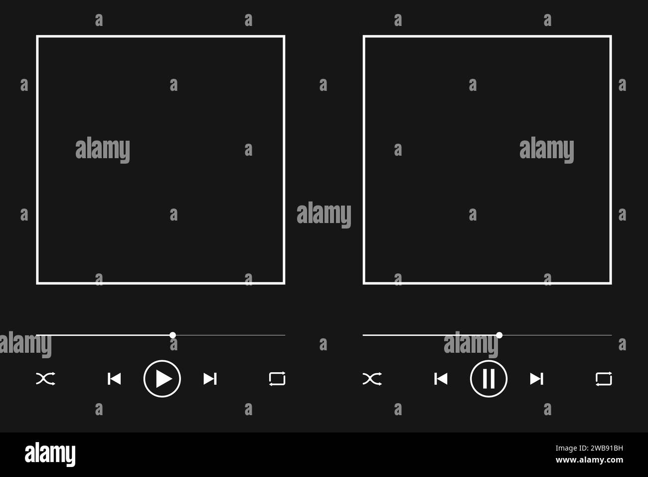Music player interface template with album cover frame, slider progress bar, play, pause, repeat ...