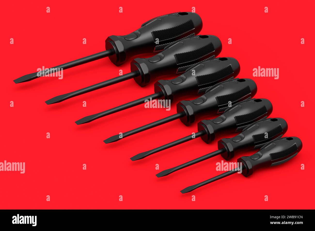 Set of black and monochrome screwdriver on red background top view. 3d ...