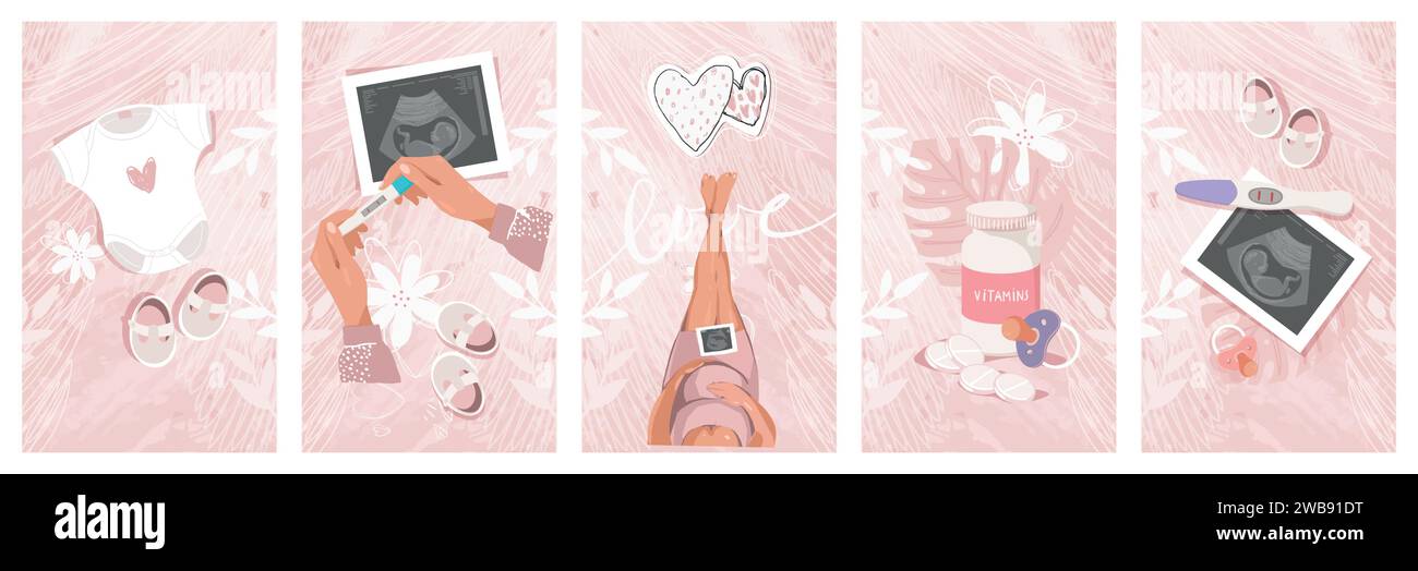 Modern banner about pregnancy and motherhood. A set of cards with a ...