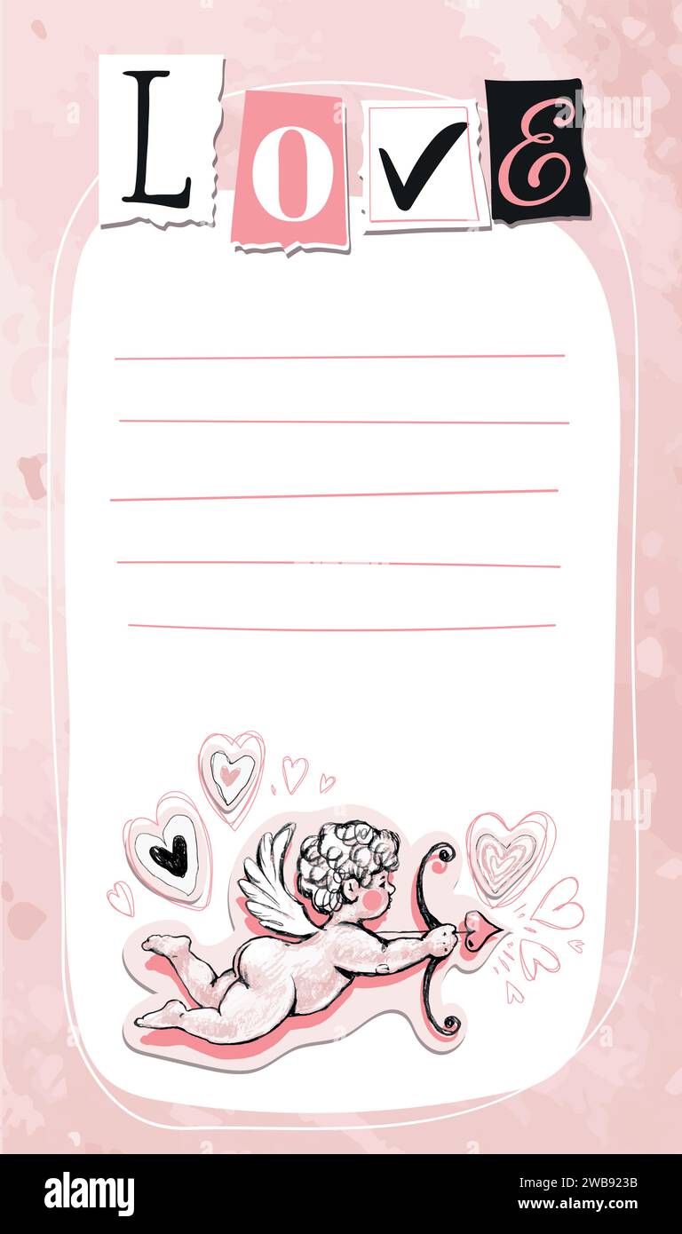 Vintage card with cupid with copy space for text, word love. Valentine ...