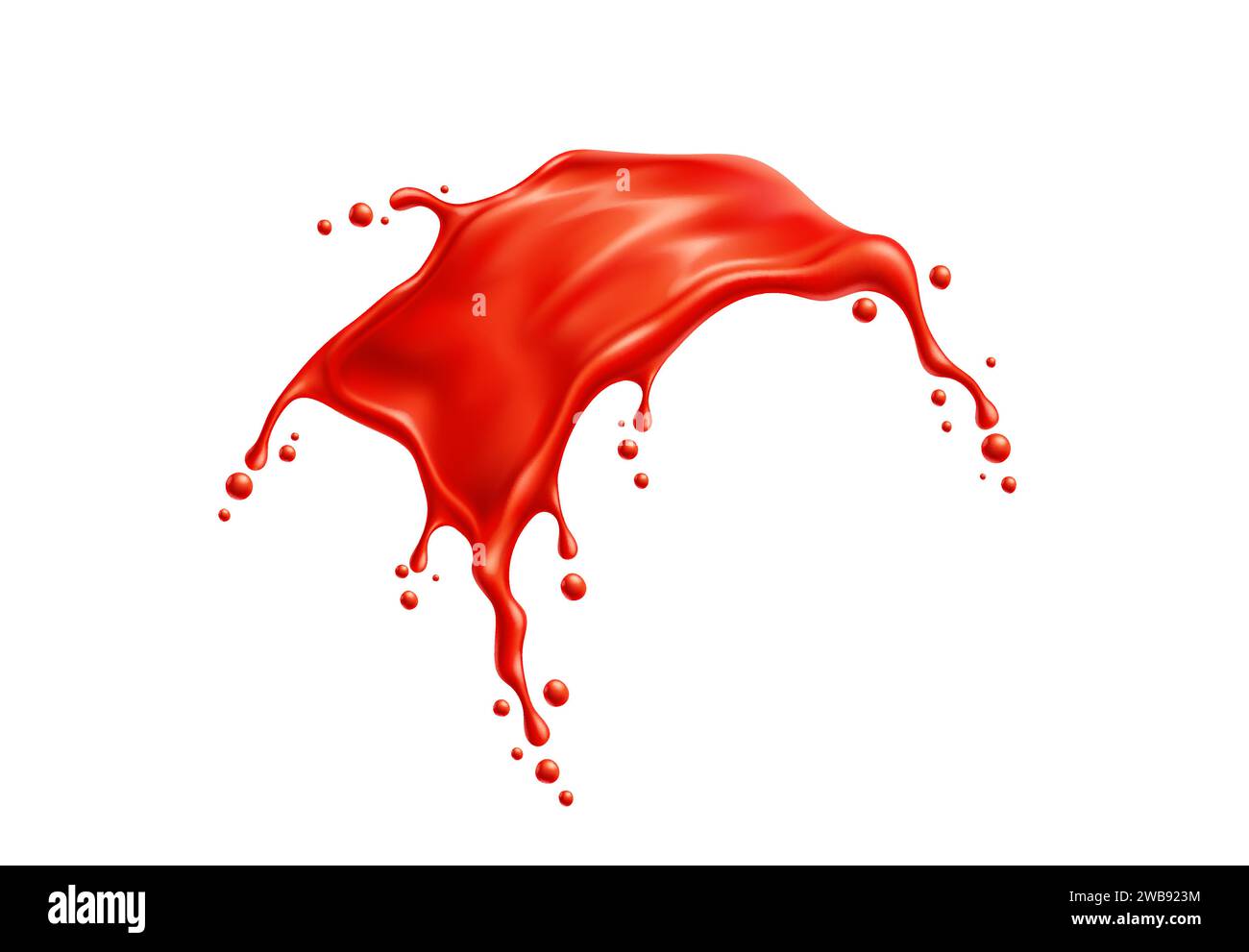 Tomato red juice or ketchup sauce tornado splash with drips in spill ...