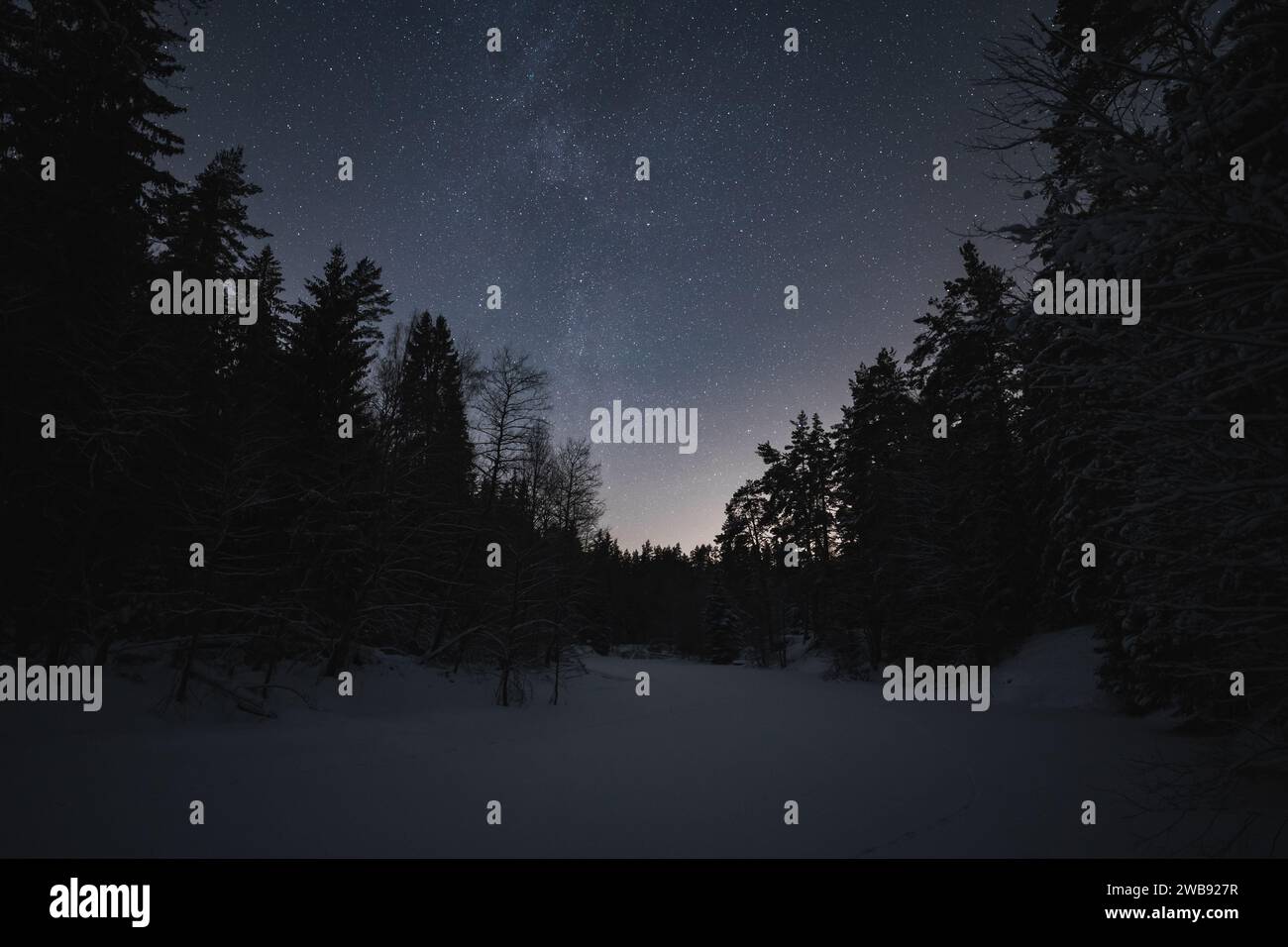 Night scene in winter, starry sky and frozen river, Estonian nature ...