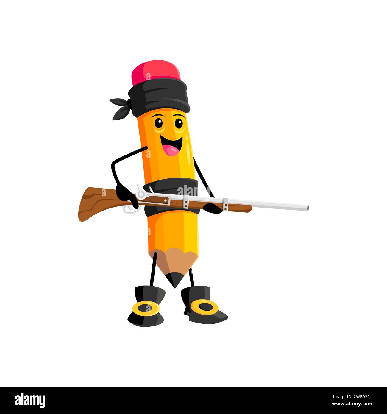 Cartoon pencil school supply pirate and corsair character with rifle in ...
