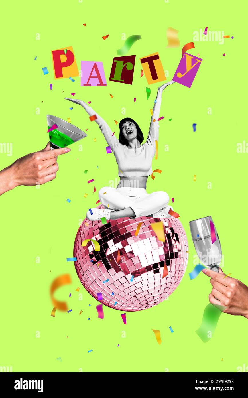 Vertical creative collage poster happy joyful girl celebration party ...