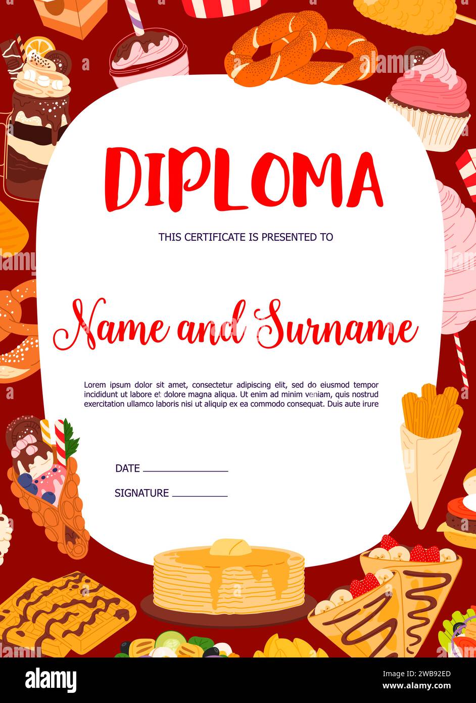 Diploma template. Fast food, desserts and drinks vector certificate or ...