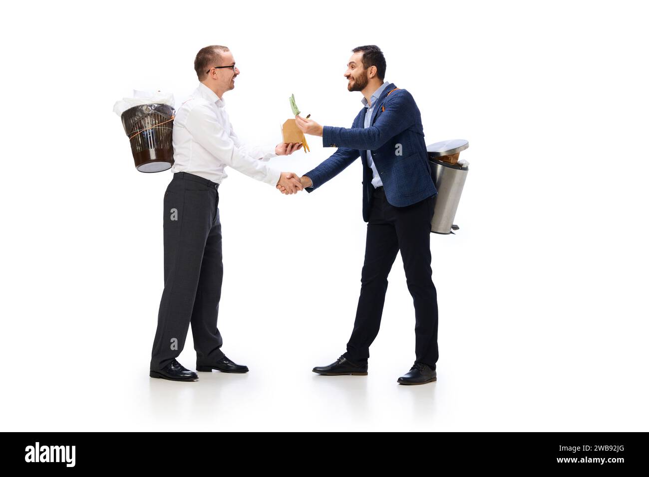 Two mem holding trash bins on backs, shaking hands, cleaning garbage ...
