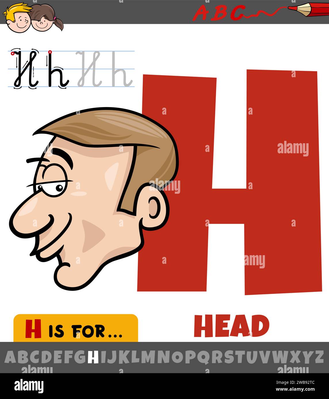 Educational cartoon illustration of letter H from alphabet with head ...