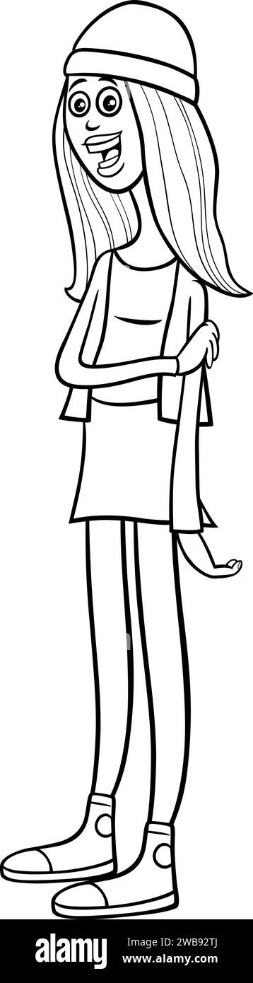 Cartoon illustration of young woman or girl comic character coloring ...