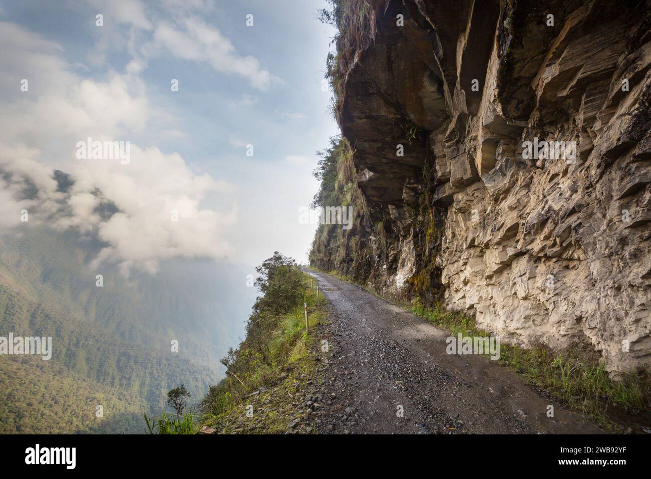 Famous death road, the "Camino de la Muerte", in the Bolivian Andes ...