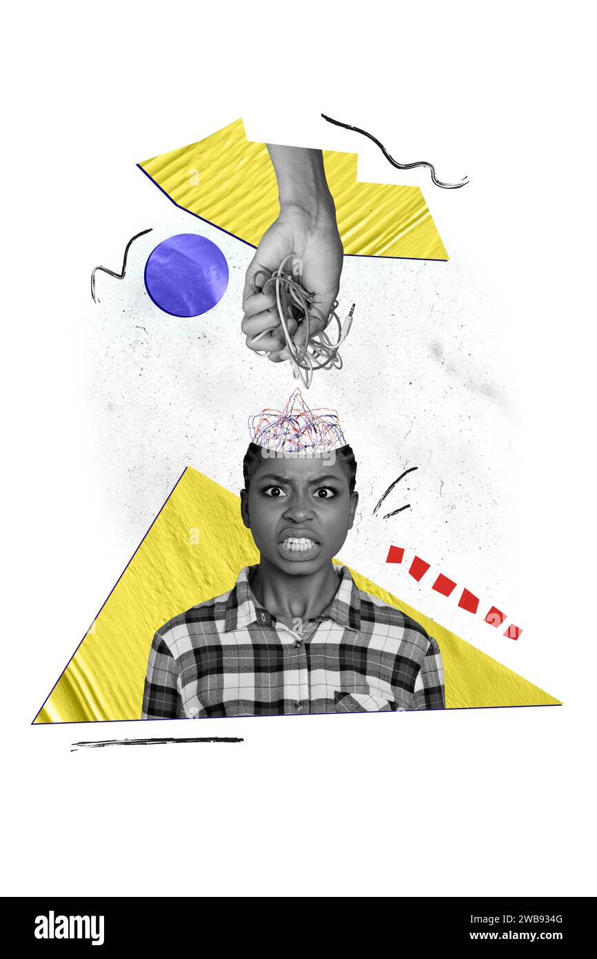 Vertical image collage of depressed lady has nervous situation ...