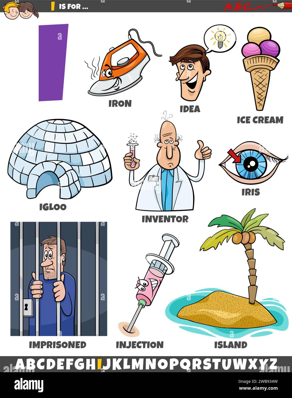 Cartoon illustration of objects and characters set for letter I Stock ...