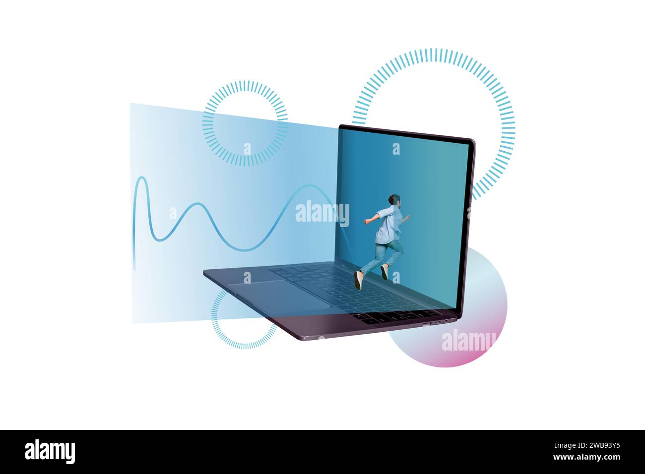 Creative photo collage of young man running into netbook display ...