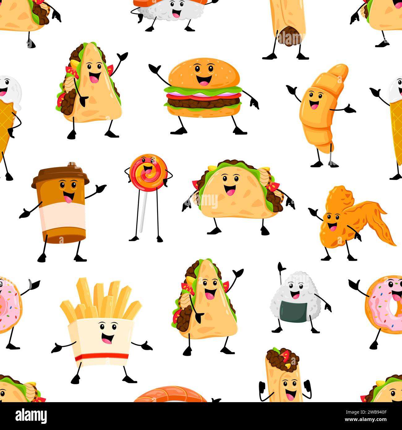 Cartoon cheerful takeaway fast food characters seamless pattern. Vector ...