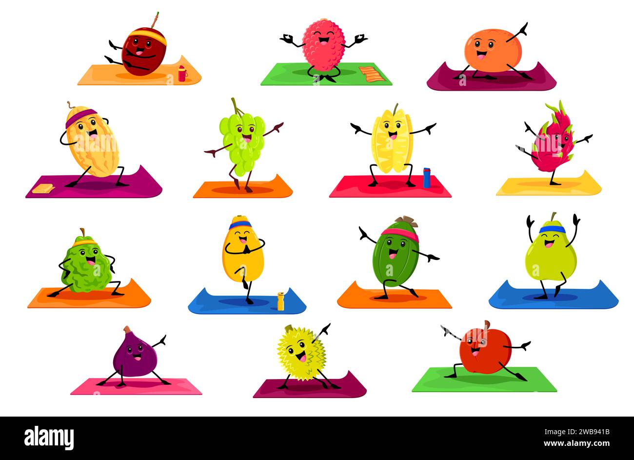 Cartoon fruits characters on yoga fitness. Vector plum, carambola, jack ...