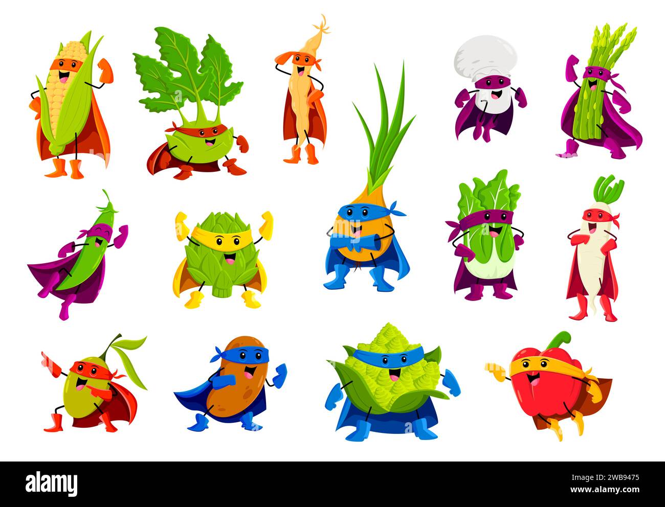 Cartoon cheerful vegetable superhero characters. Vector corn cob ...