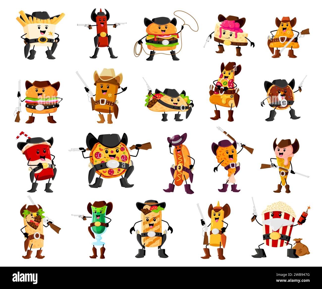 Cartoon fast food cowboy and ranger, bandit and sheriff characters ...