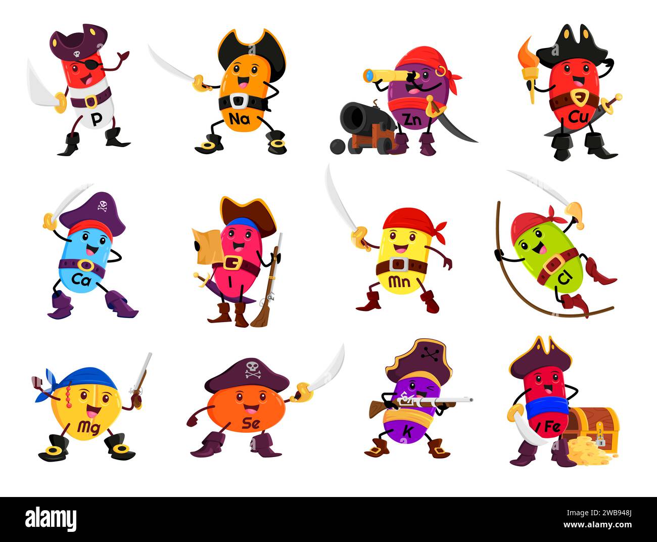Cartoon vitamin and micronutrient pirate or corsair characters ...