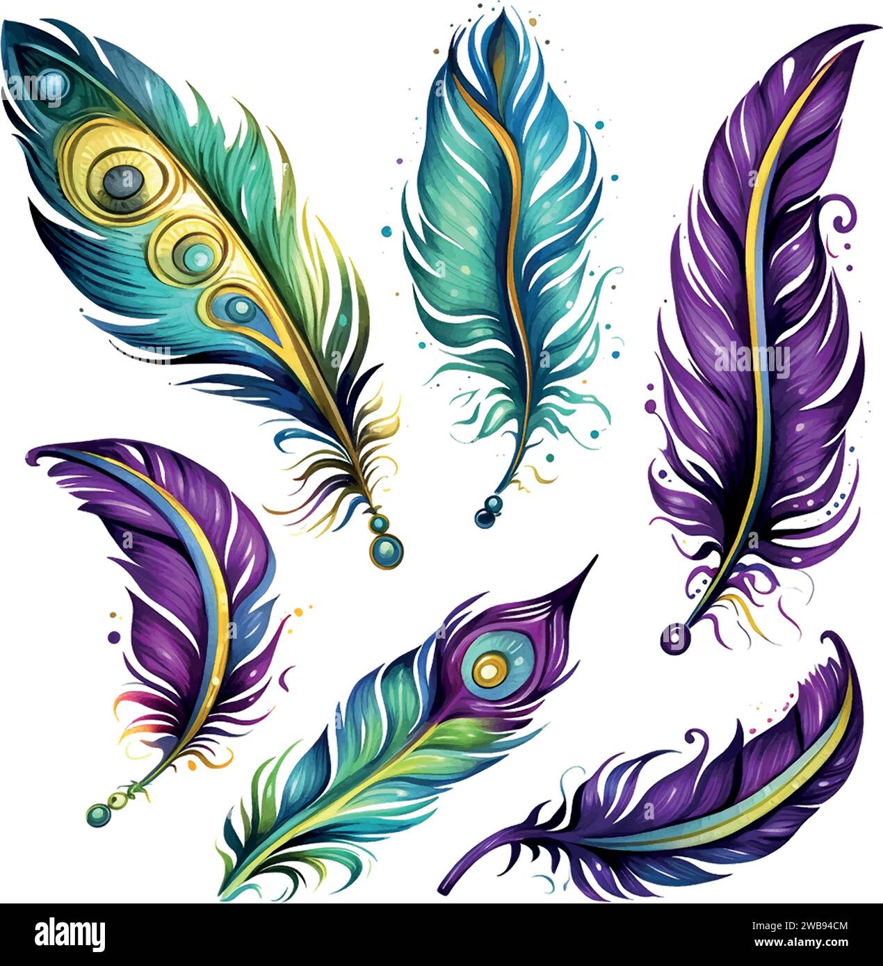 Mardi gras watercolor feathers, bird illustration Stock Vector Image ...