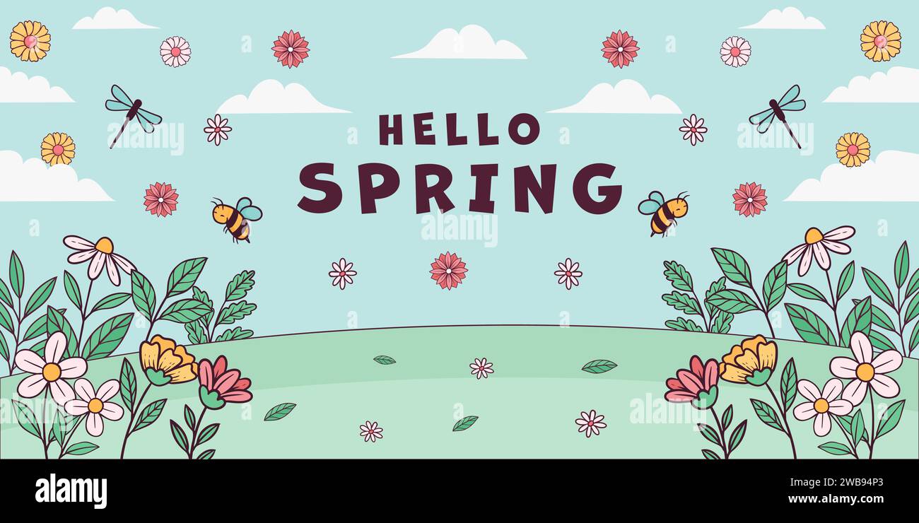 hand drawn spring landscape horizontal banner illustration Stock Vector ...