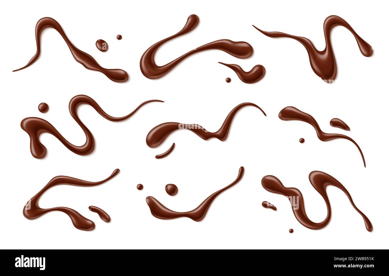 Chocolate sauce syrup drop, splash, stain and swirl. Isolated realistic ...