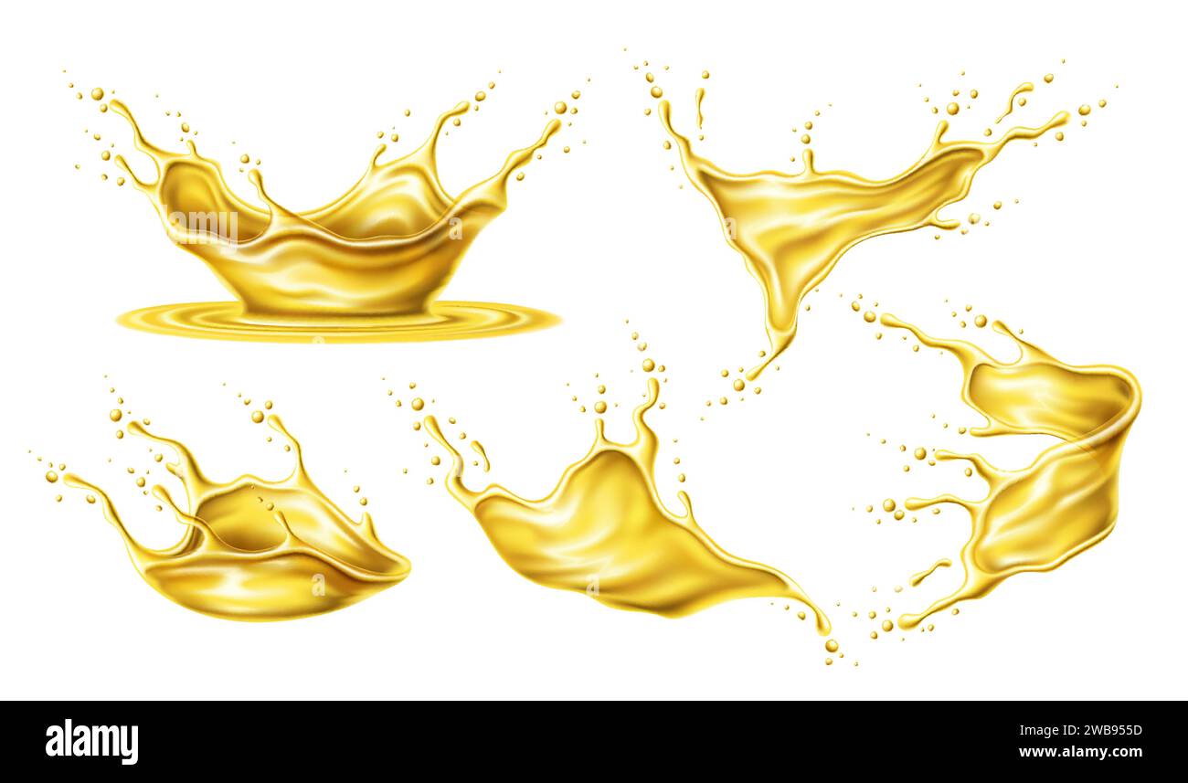 Oil splashes. Motor oil, juice and beer swirls. Isolated realistic 3d ...