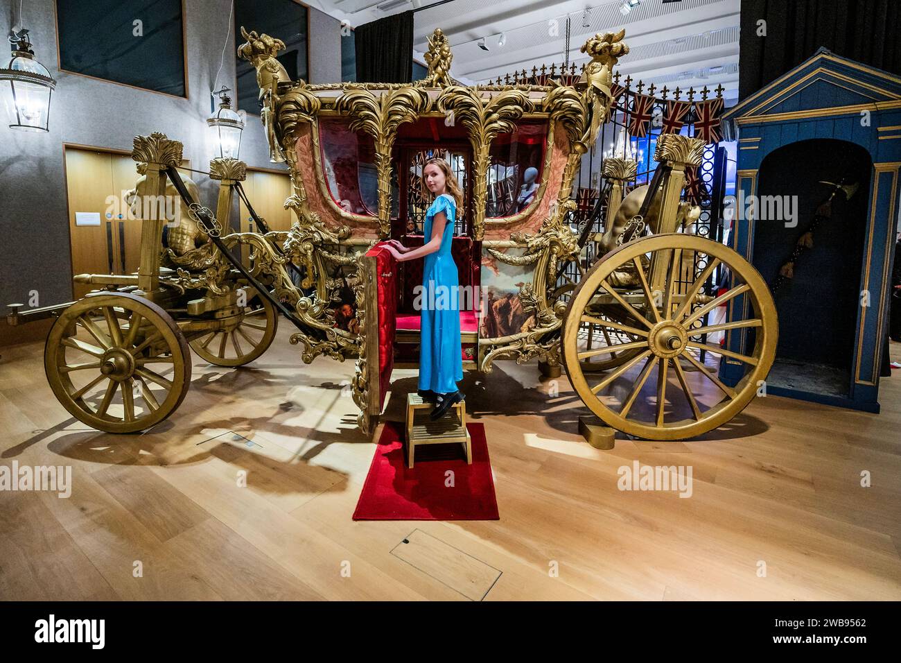 London, UK. 9th Jan, 2024. A reproduction of the Gold State Coach ...