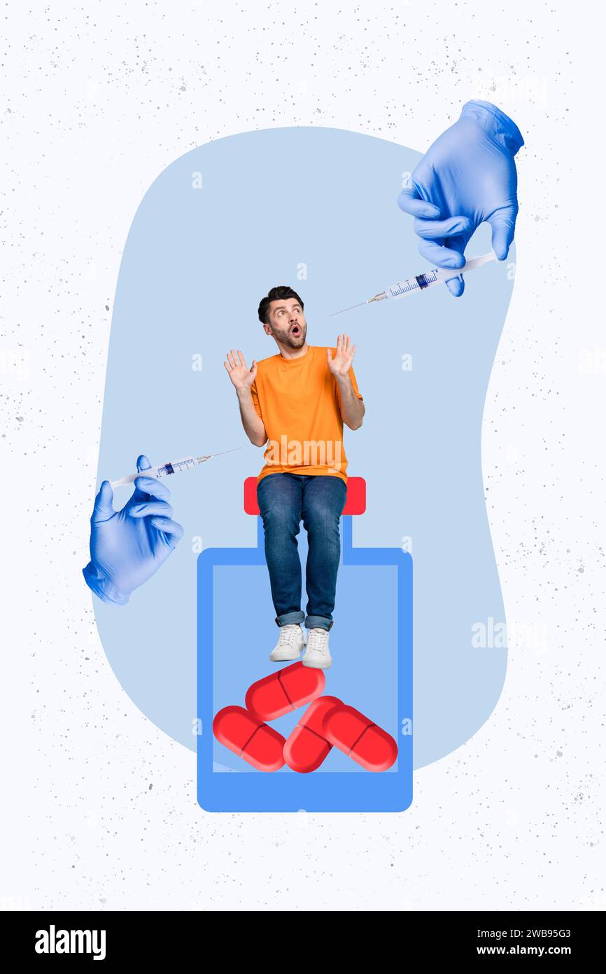 Vertical photo collage of guy sit on jar of tablets nervous scared of ...