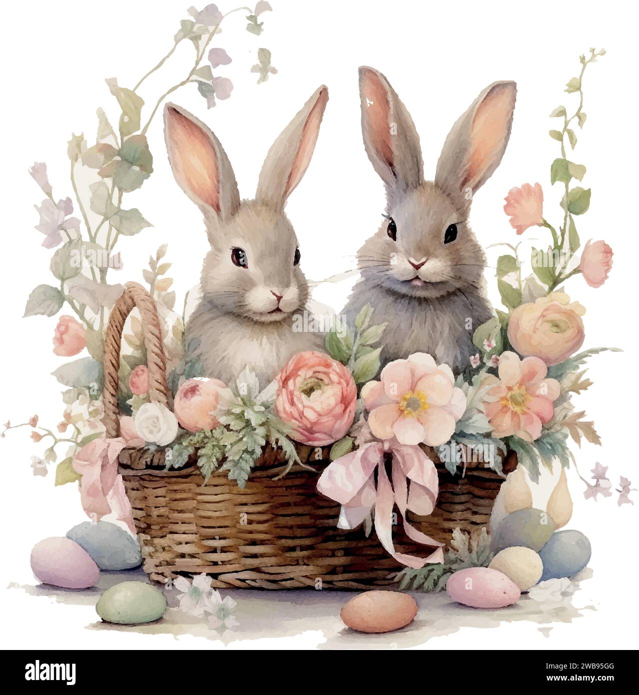 Easter bunnies in a basket watercolor Stock Vector Image & Art - Alamy