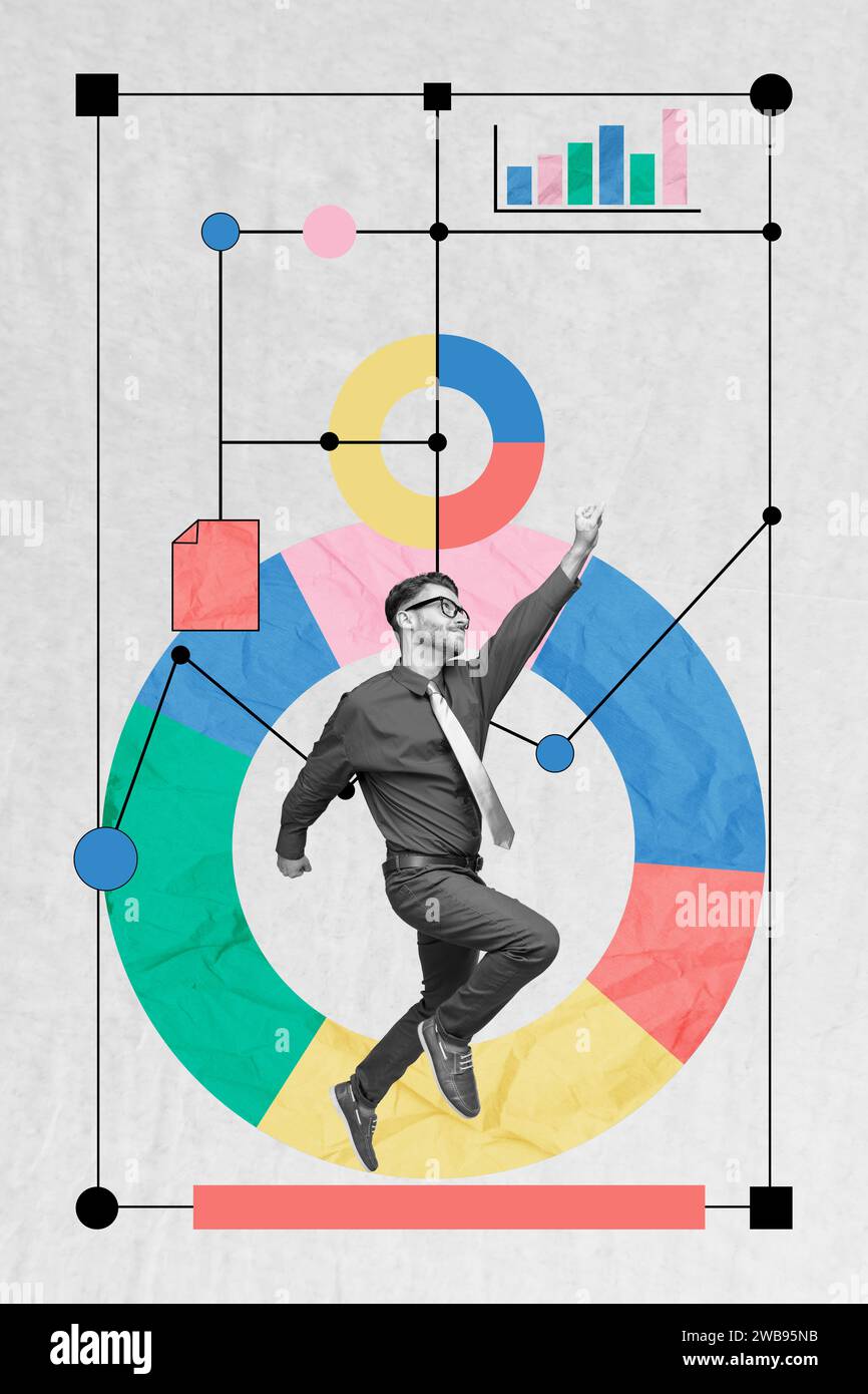 Vertical funny photo collage of young ambitious office worker fly like ...