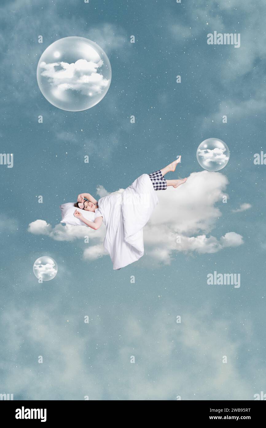 Vertical surrealistic photo collage of sleepy young woman woken up on ...
