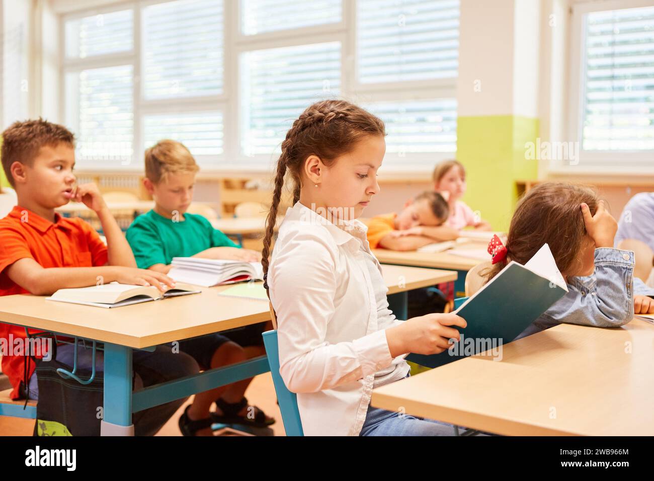 Side view of schoolgirl reading book while sitting on bench with ...