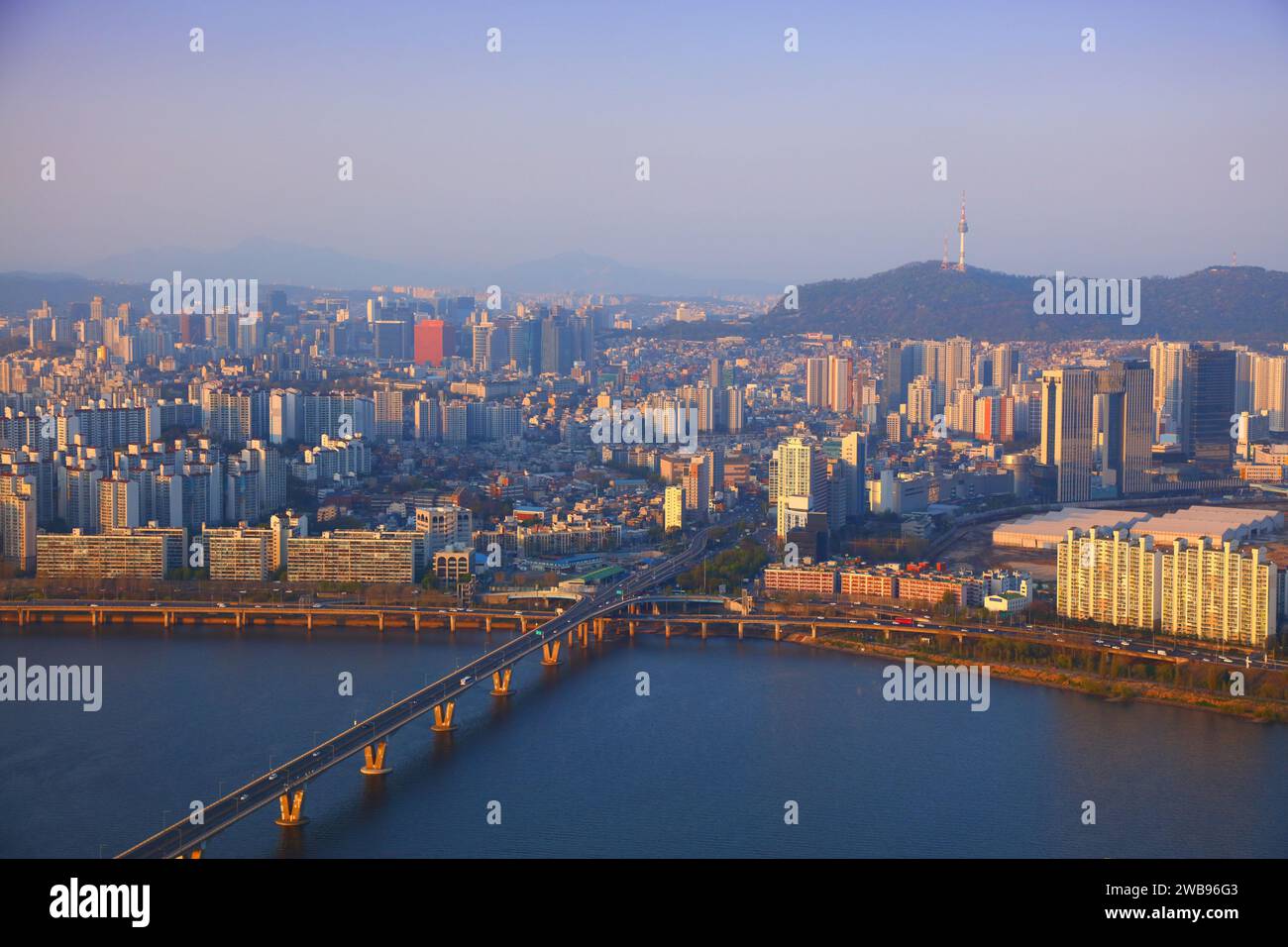 Seoul sunset cityscape in South Korea. Aerial view with River Han ...