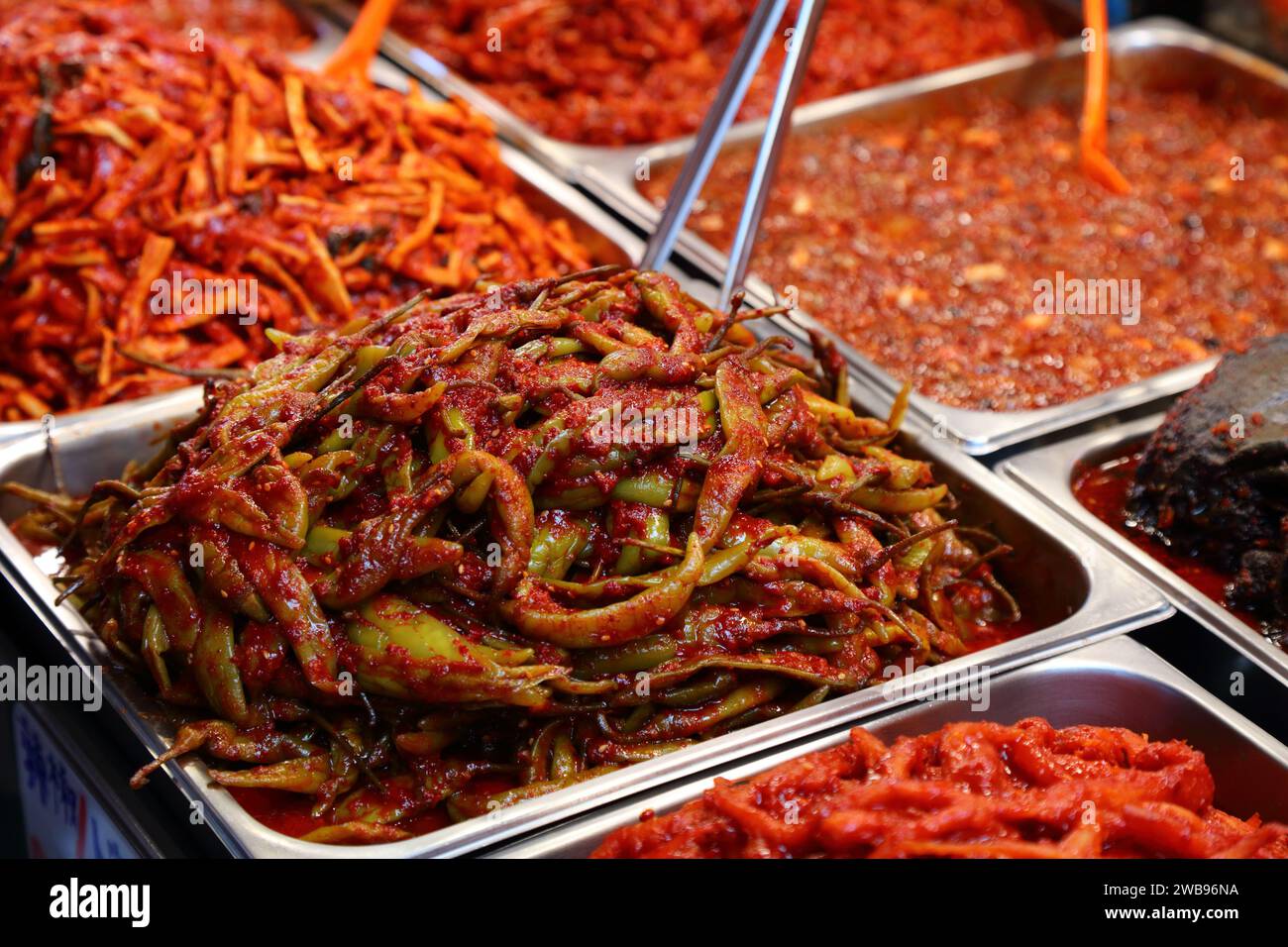 Pickled kimchi spicy peppers - Korean food at traditional Gwangjang ...