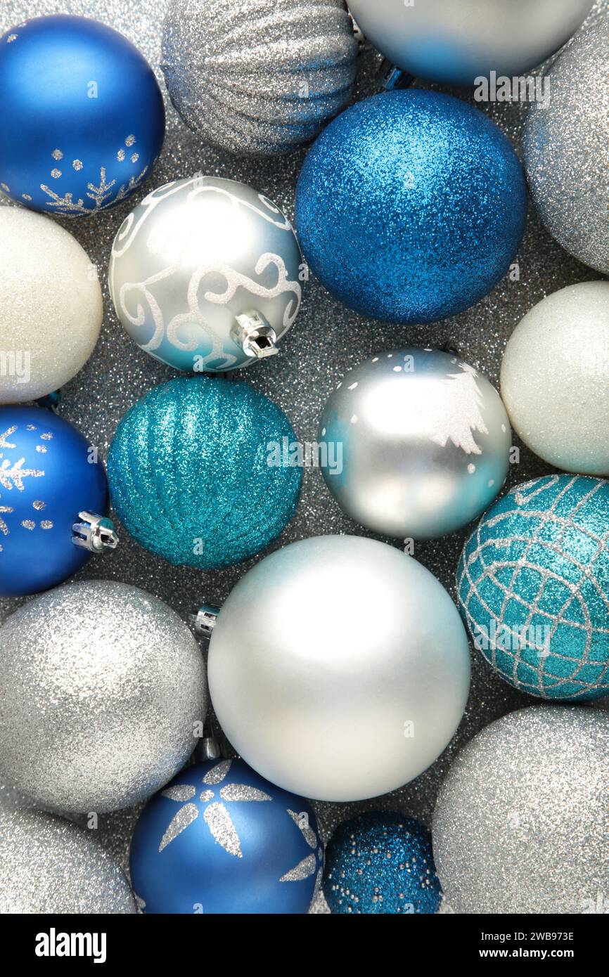 Blue and silver christmas bauble balls background. Top view Stock Photo ...
