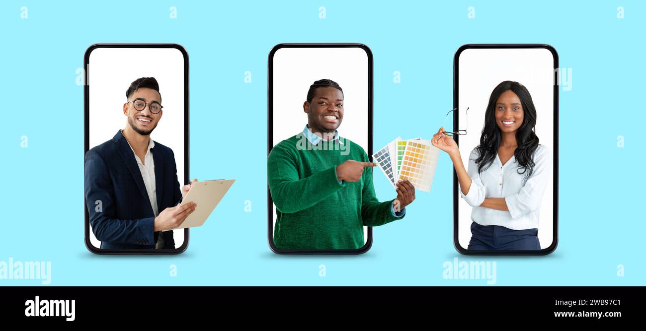 Job Search App. People Of Different Professions Posing On Smartphone ...