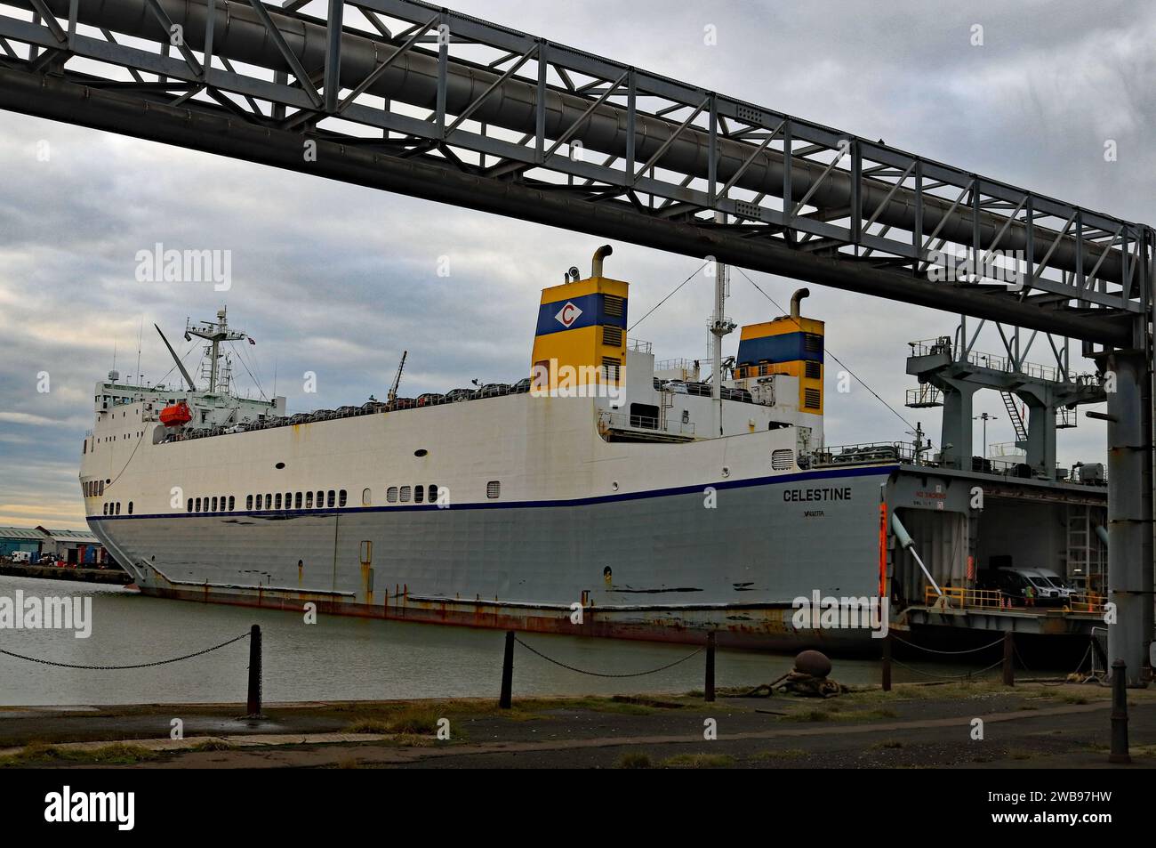 The “Celestine” roll on roll off cargo ship framed by modern high ...