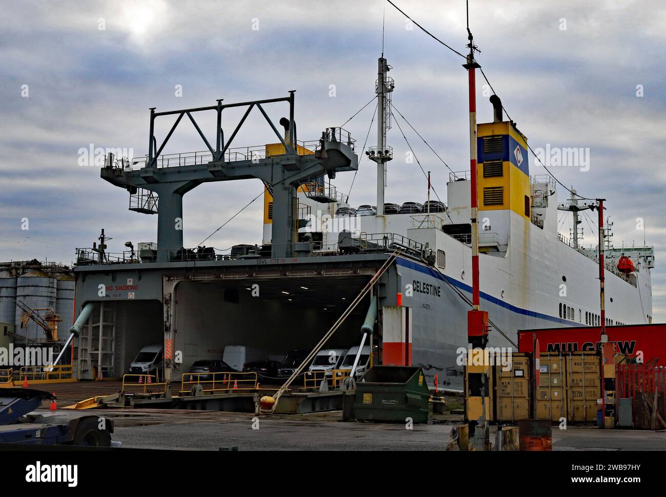 The “Celestine” ro – ro, roll on roll off cargo ship is being loaded ...