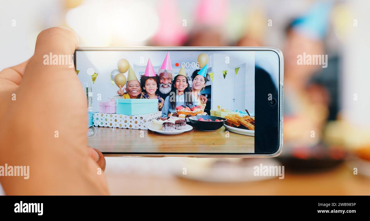 Happy birthday, camera and phone screen for family photo, celebration ...