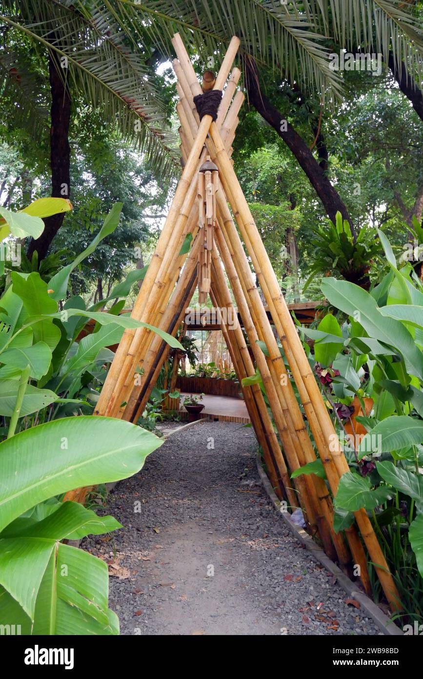 Bamboo bridge with unique traditional lights and woven bamboo as ...