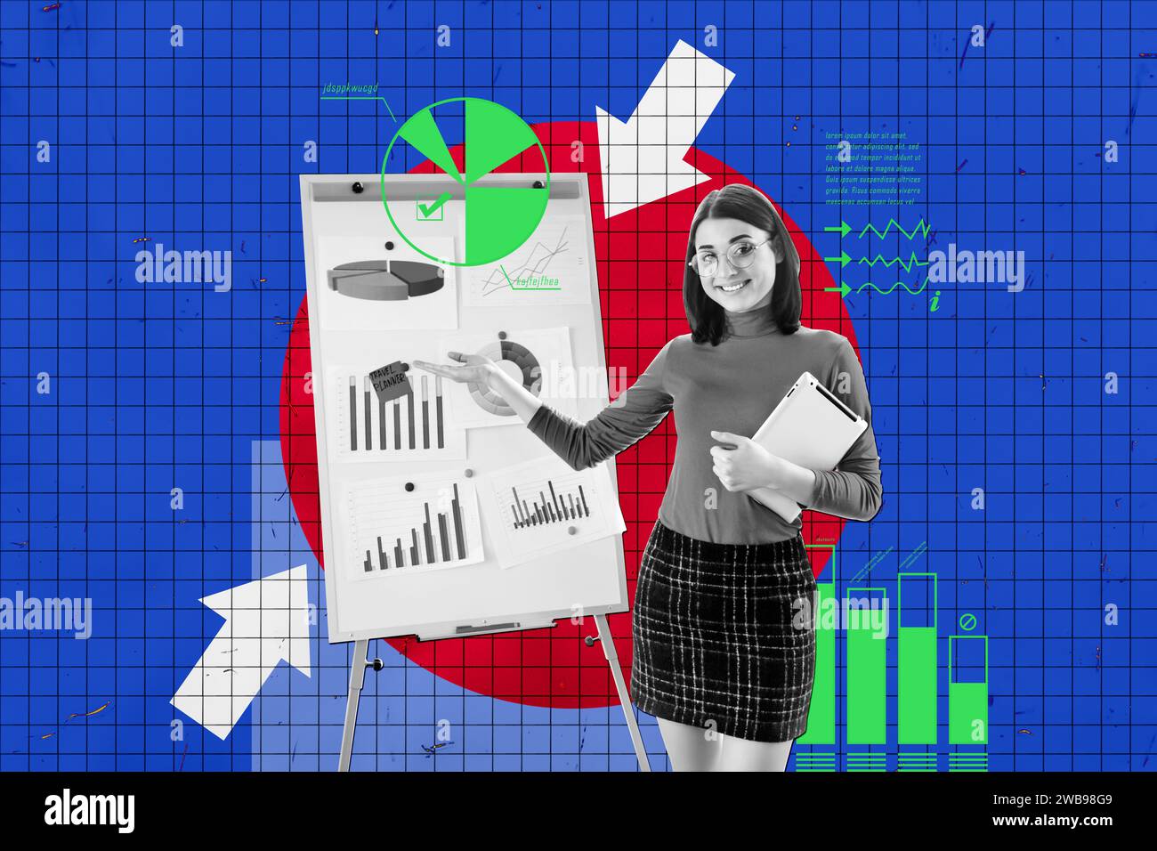 Poster collage picture standing young girl student showing presentation ...