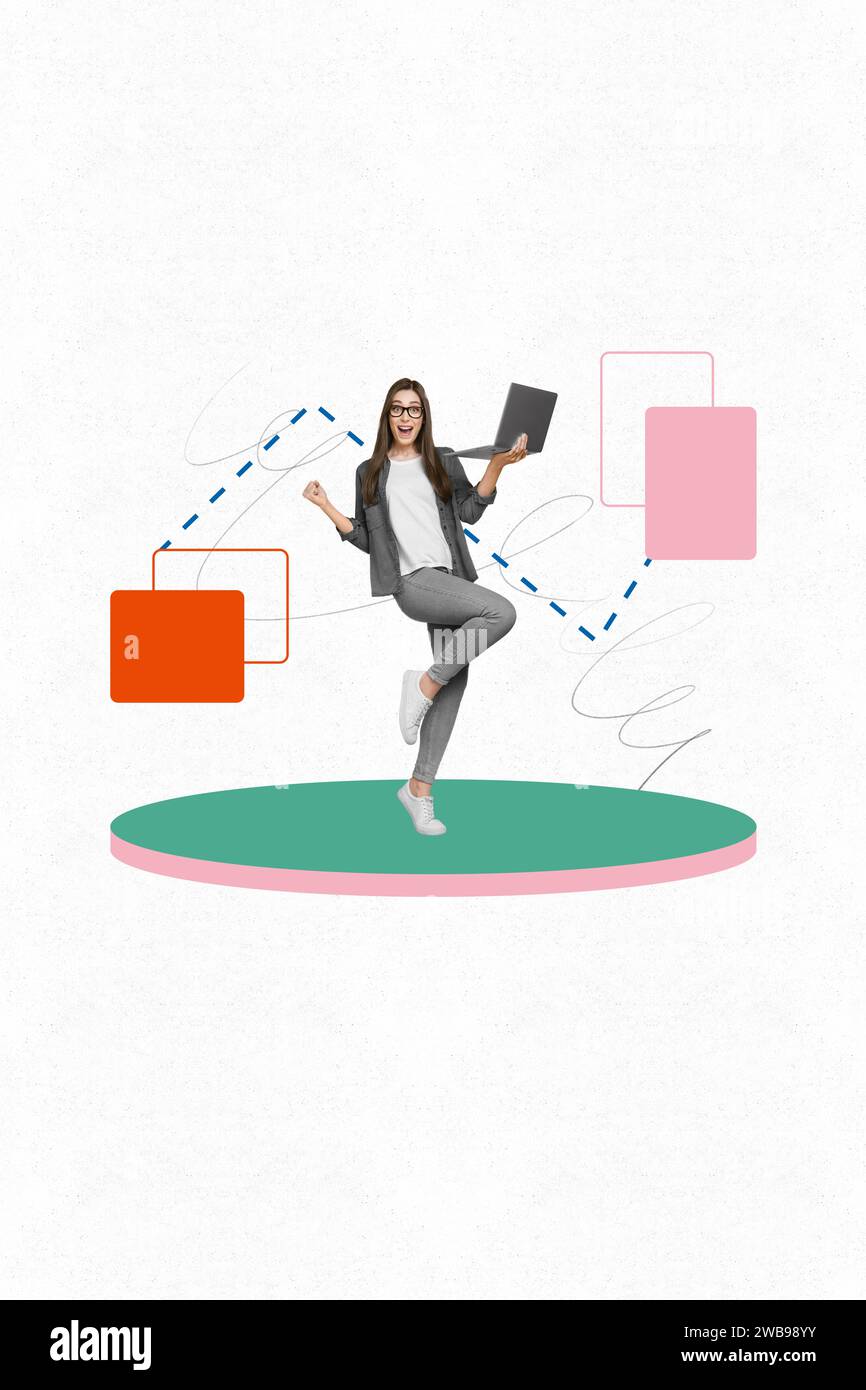 Vertical creative collage image excited funny cheerful young lady ...