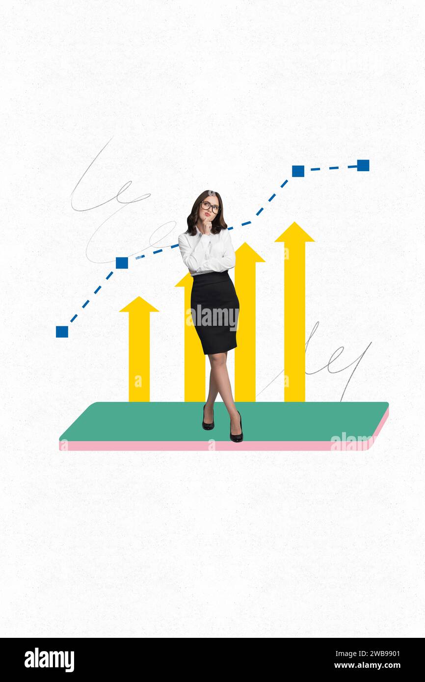 Creative collage vertical photo standing young businesswoman thinking ...