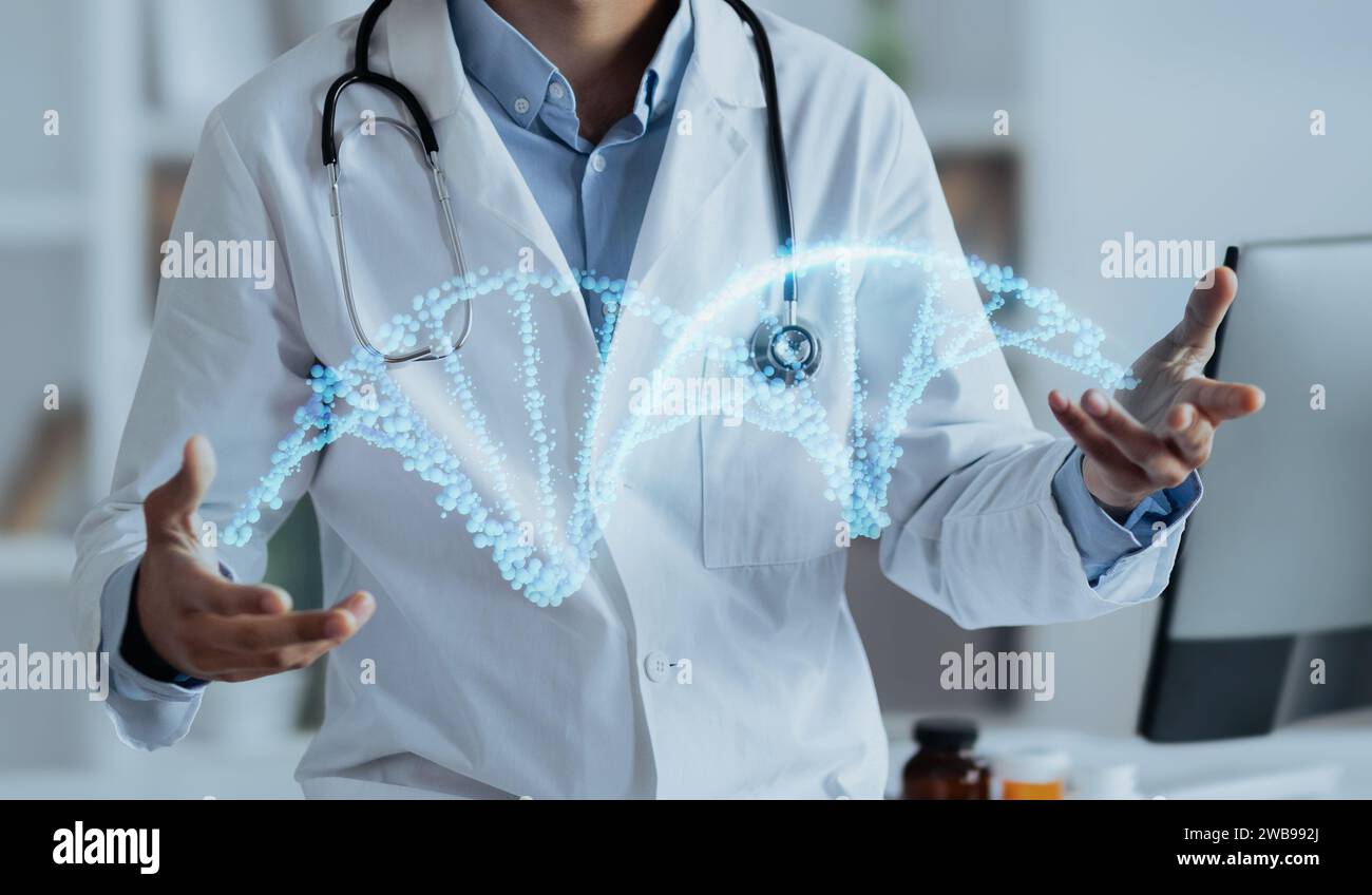 Unrecognizable physician engages futuristic CRISPR tech, immersing in ...