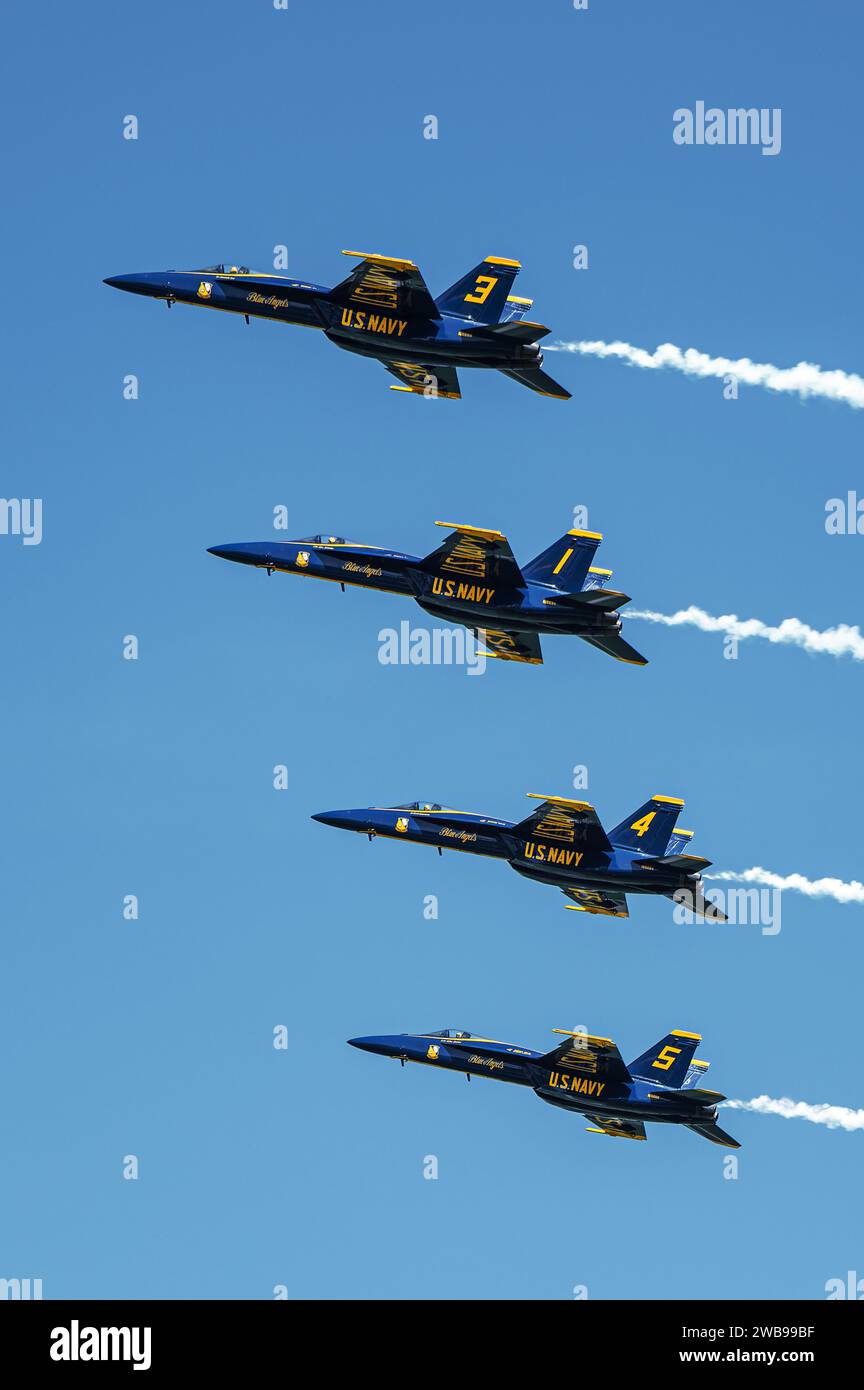 A group of military jets in formation performing in the sky at an air ...