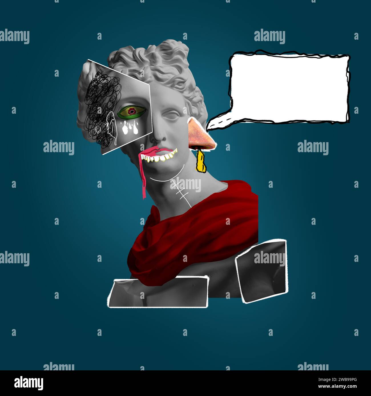 Antique statue bust with doodles and speech bubble for text over dark ...