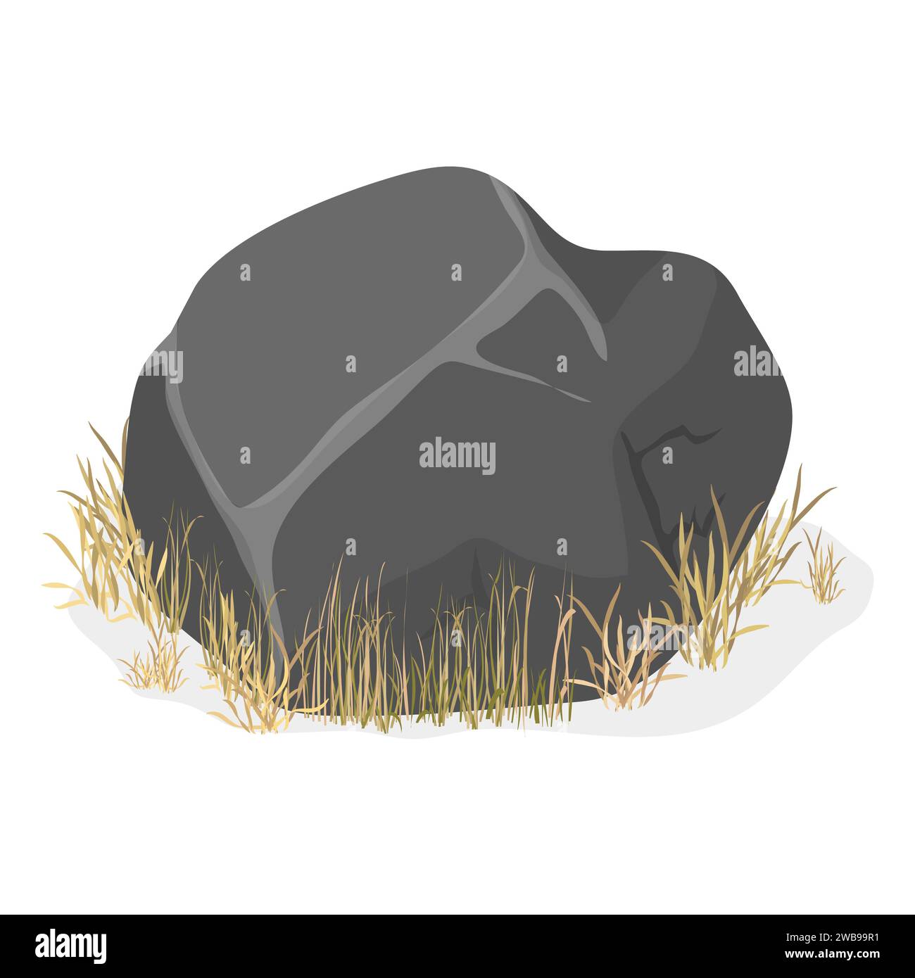 Gray stone with dried grass. Landscape design, boulders with plants ...